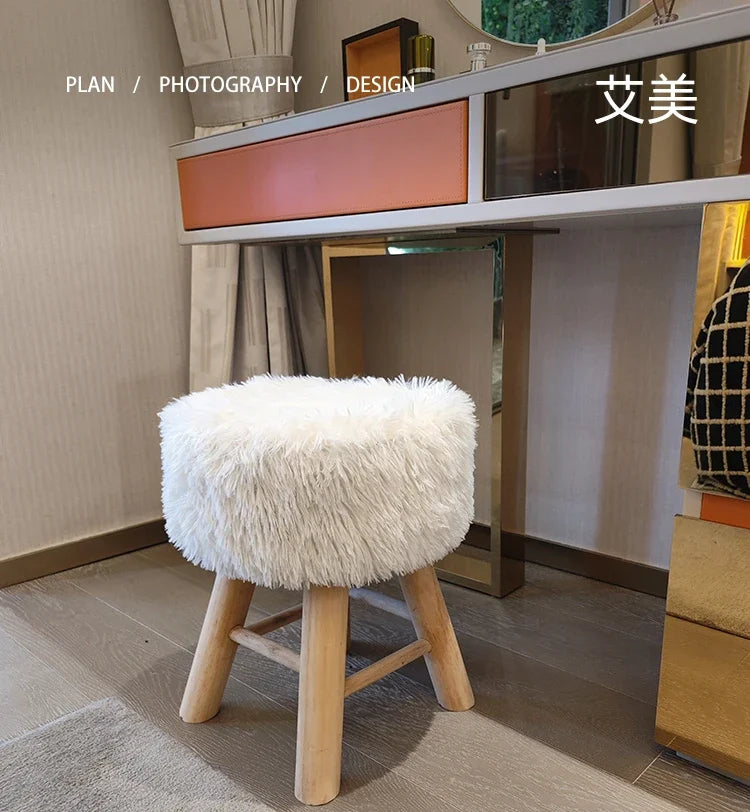 Fluffy White Faux Fur Wooden Legged Stool Chair on Luulla