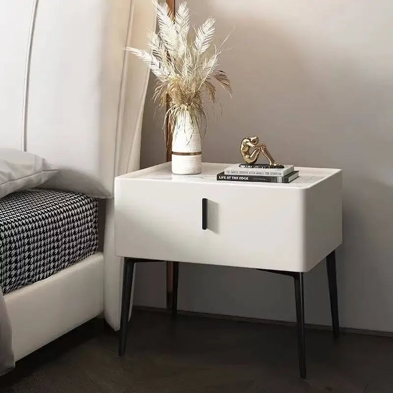 Modern White Nightstand With Black Metal Legs