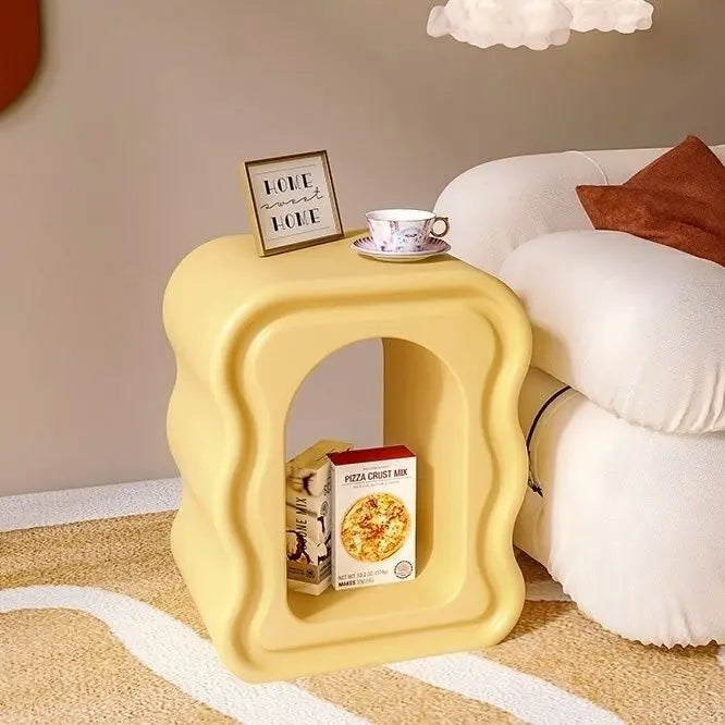 Modern Curved Yellow Bedside Table With Storage Cubby on Luulla