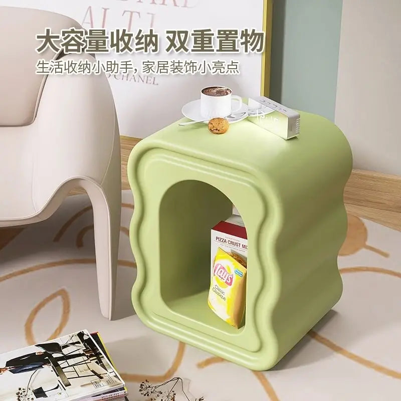 Modern Curved Yellow Bedside Table With Storage Cubby on Luulla