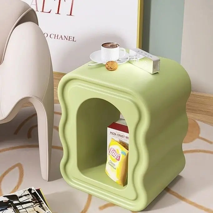 Modern Curved Yellow Bedside Table With Storage Cubby on Luulla