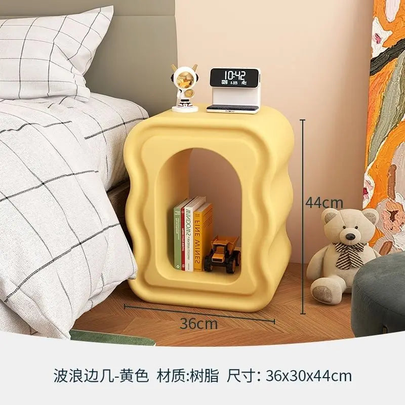 Modern Curved Yellow Bedside Table With Storage Cubby on Luulla