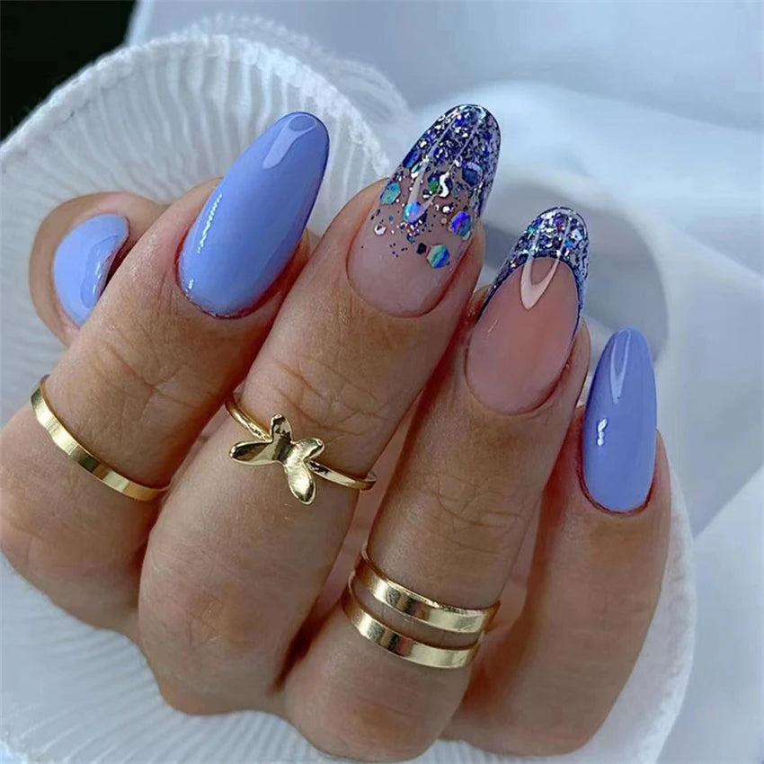 Blue Floral French Tip Fake Nails Set on Luulla
