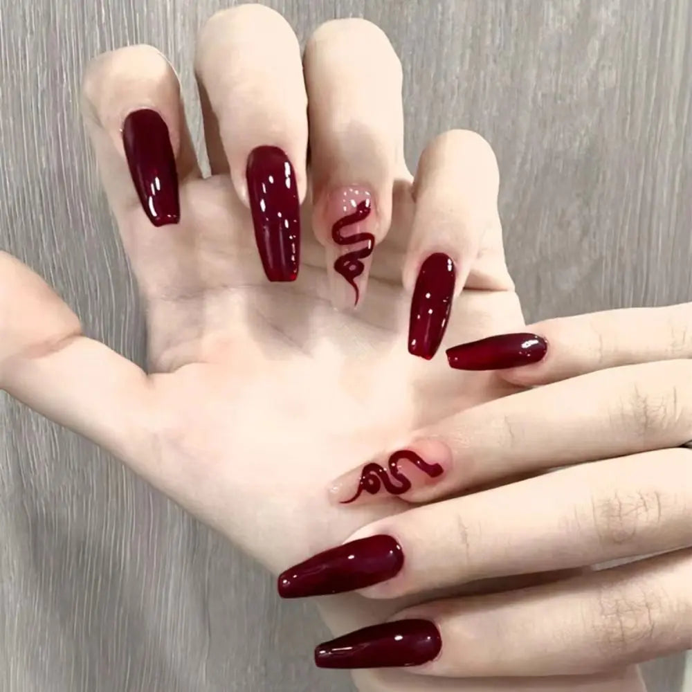 Burgundy Coffin Press on Nails With Snake Design