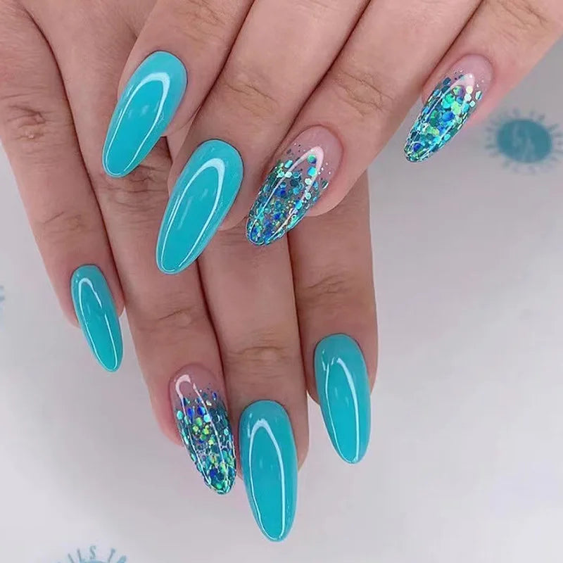Ocean Blue Glitter Stiletto Press-on Nails on Luulla