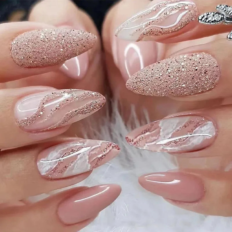 Elegant Rose Gold Glitter Marble Nail Set