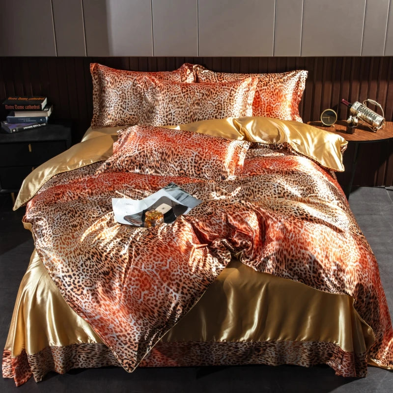 Luxury Leopard Print Satin Bed Sheet Set on Luulla