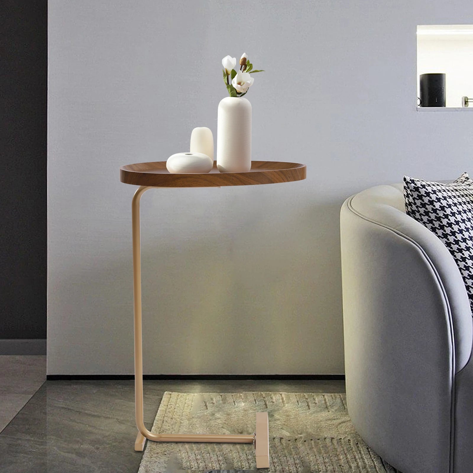 Modern C-base Side Table With Round Wooden Top on Luulla
