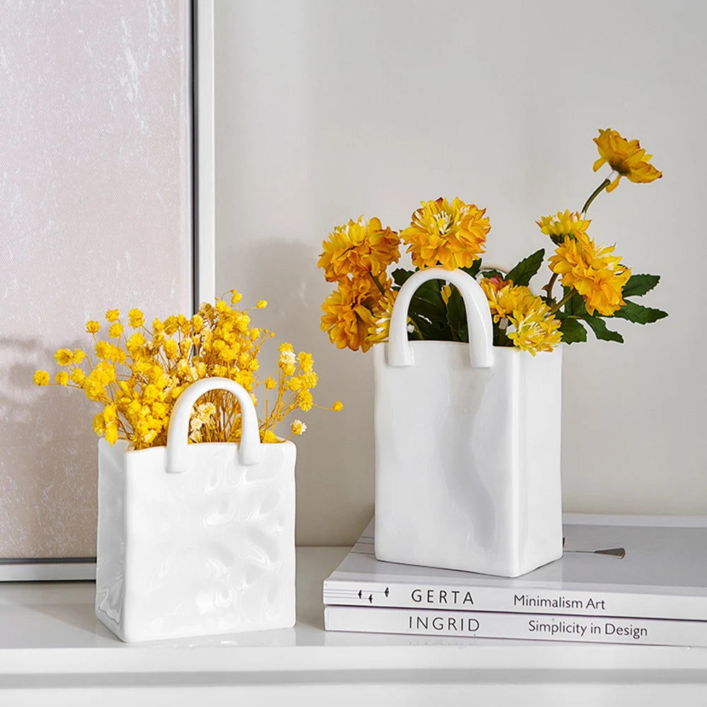 Ceramic Tote Bag Vase Decorative Floral Arrangement Holder on Luulla