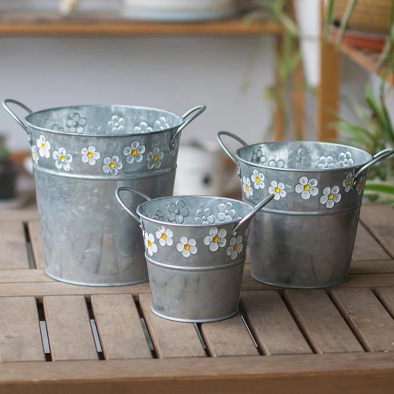 Galvanized Floral Metal Buckets Garden Decor Set on Luulla