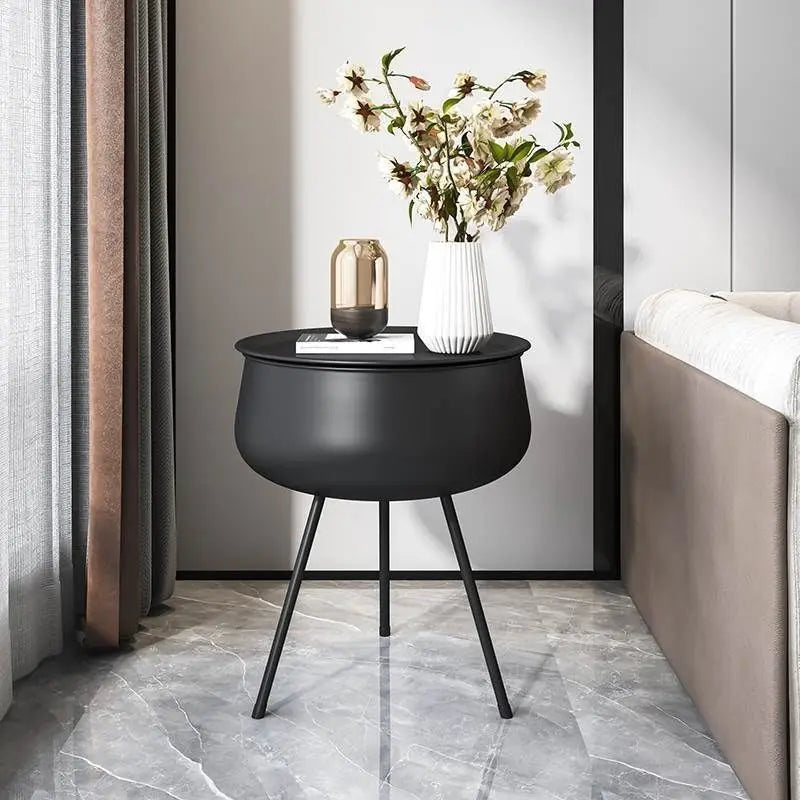 Modern Round Black Side Table With Storage Space on Luulla