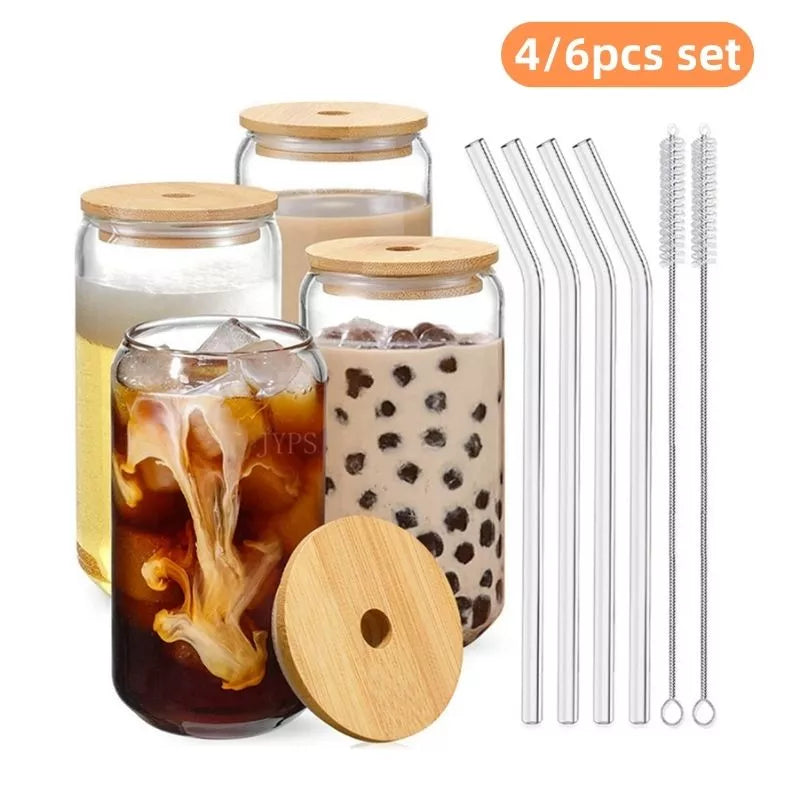 Glass Drinking Jars With Bamboo Lids Set on Luulla