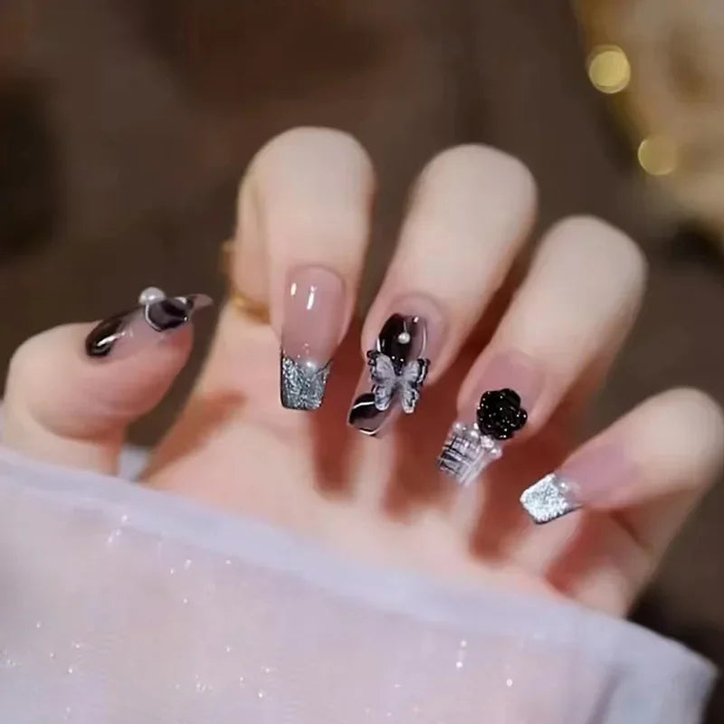 Elegant Black And Silver Rhinestone Nail Art on Luulla