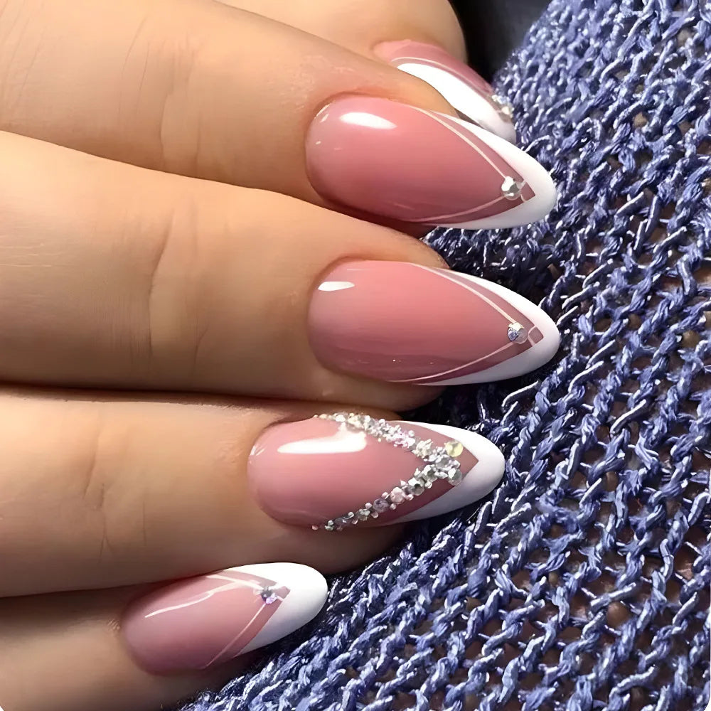 Elegant French Manicure With Rhinestones Nail Set on Luulla