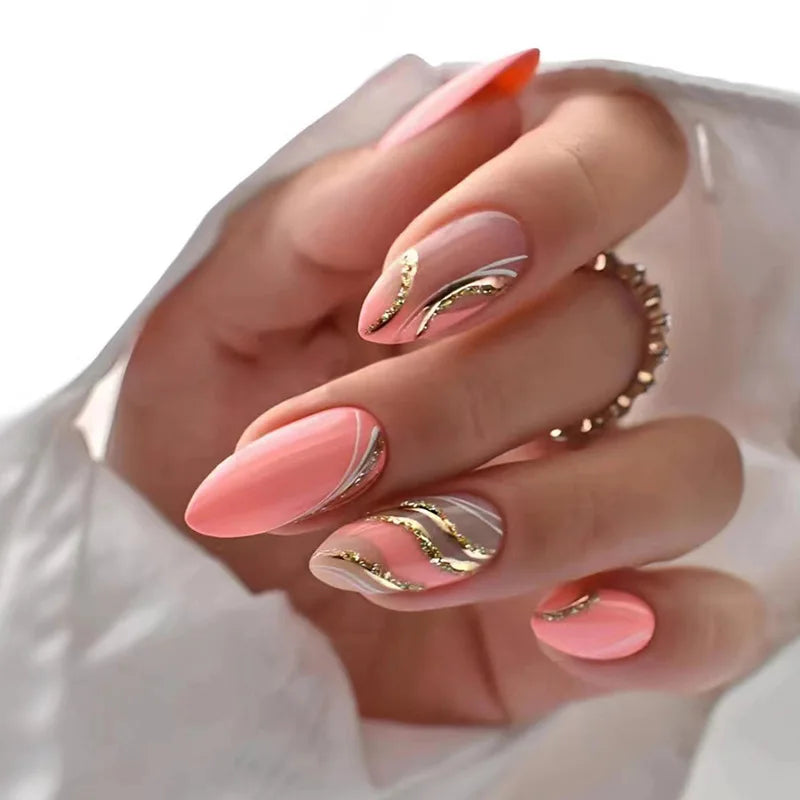 Elegant Gold-accented Pink Acrylic Nail Set on Luulla