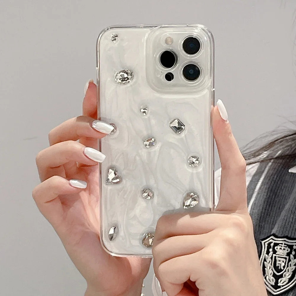 Crystal-studded Elegant White Marble Phone Case on Luulla