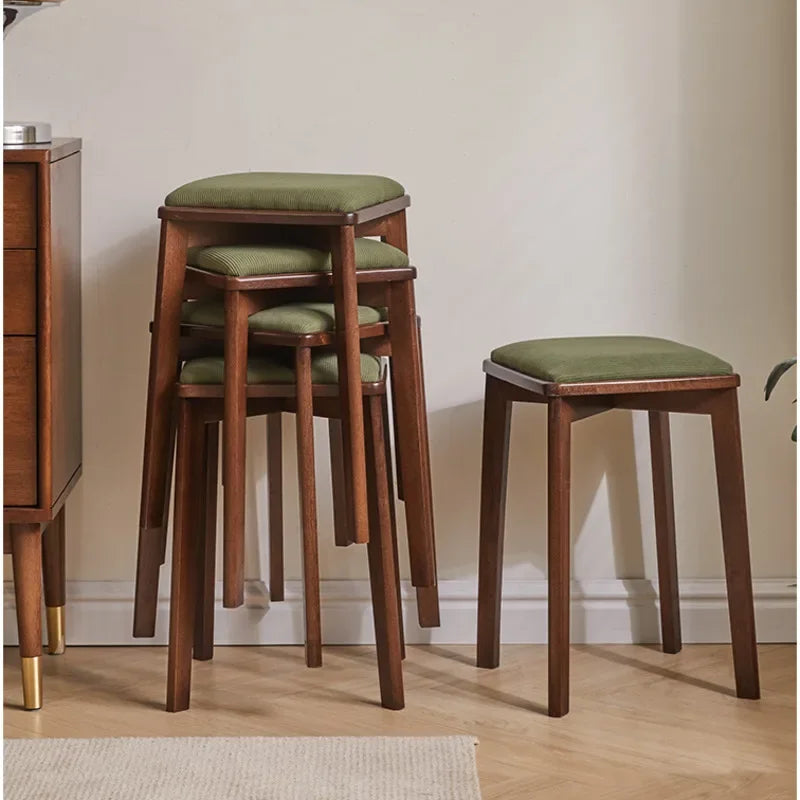 Stackable Wooden Stools With Green Cushioned Seats on Luulla