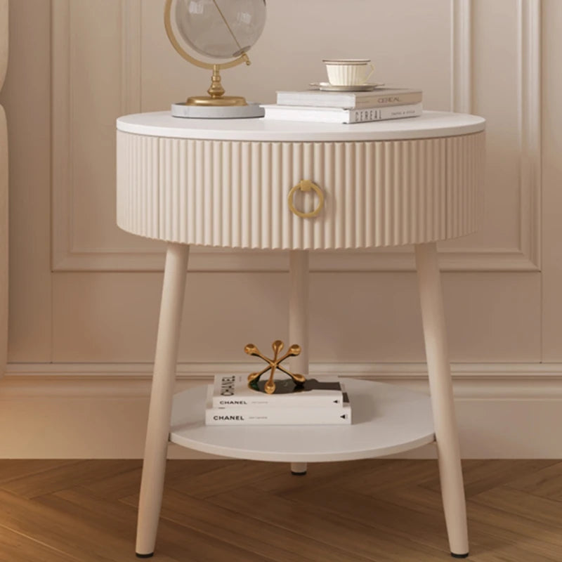 Modern Round Ribbed White Side Table With Shelf on Luulla