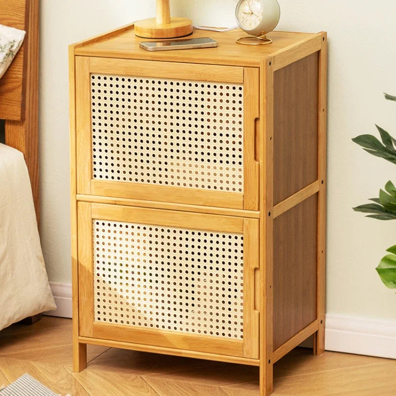 Bamboo Two-tier Cabinet With Woven Rattan Doors on Luulla