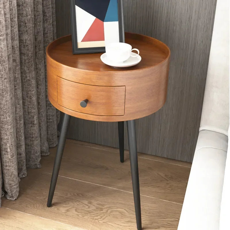Round Wooden Side Table With Storage Drawer on Luulla