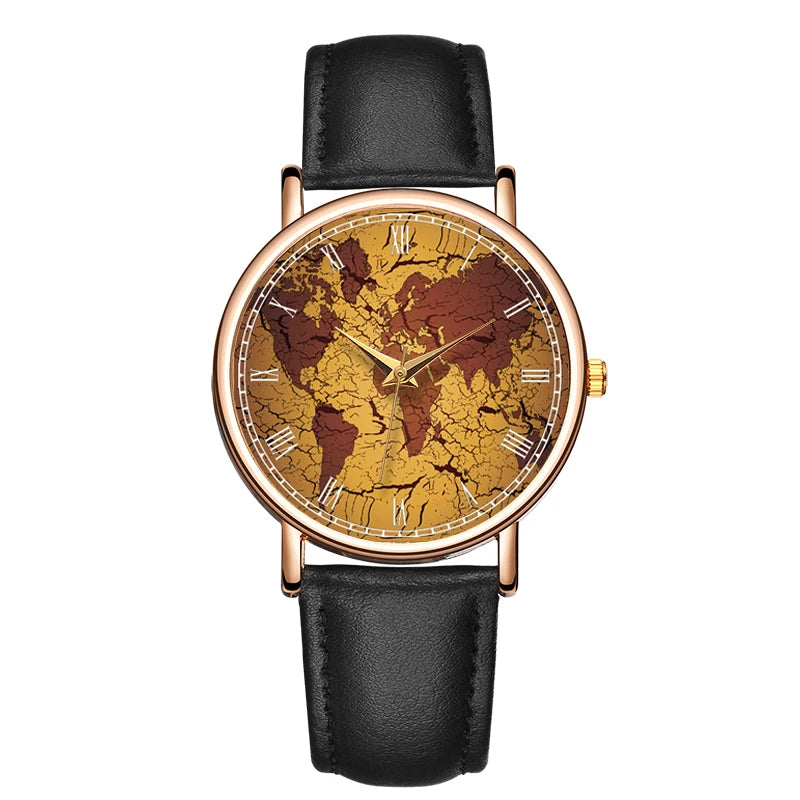 Vintage Map Dial Watch With Leather Strap on Luulla