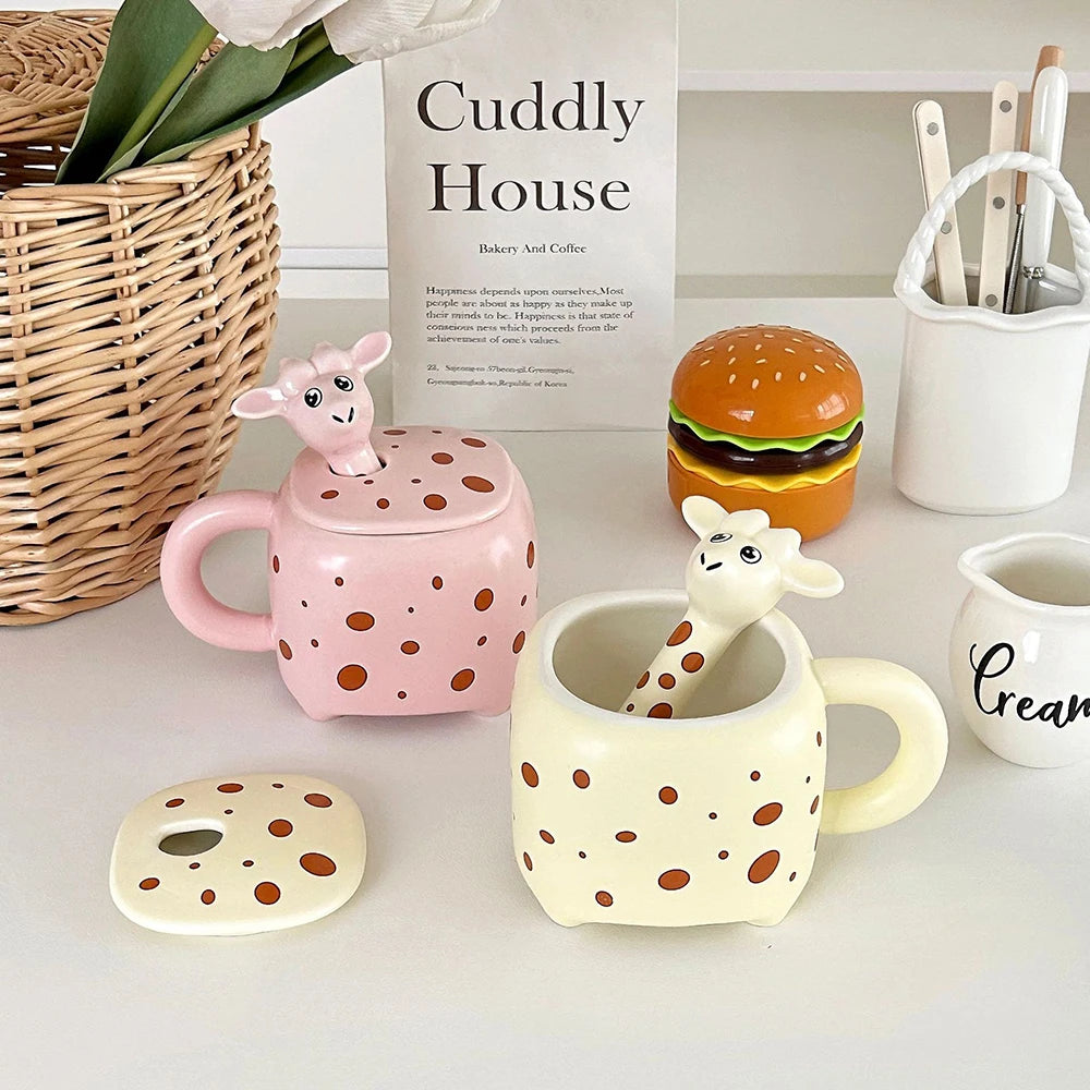 Cute Giraffe Ceramic Mug With Lid Set on Luulla