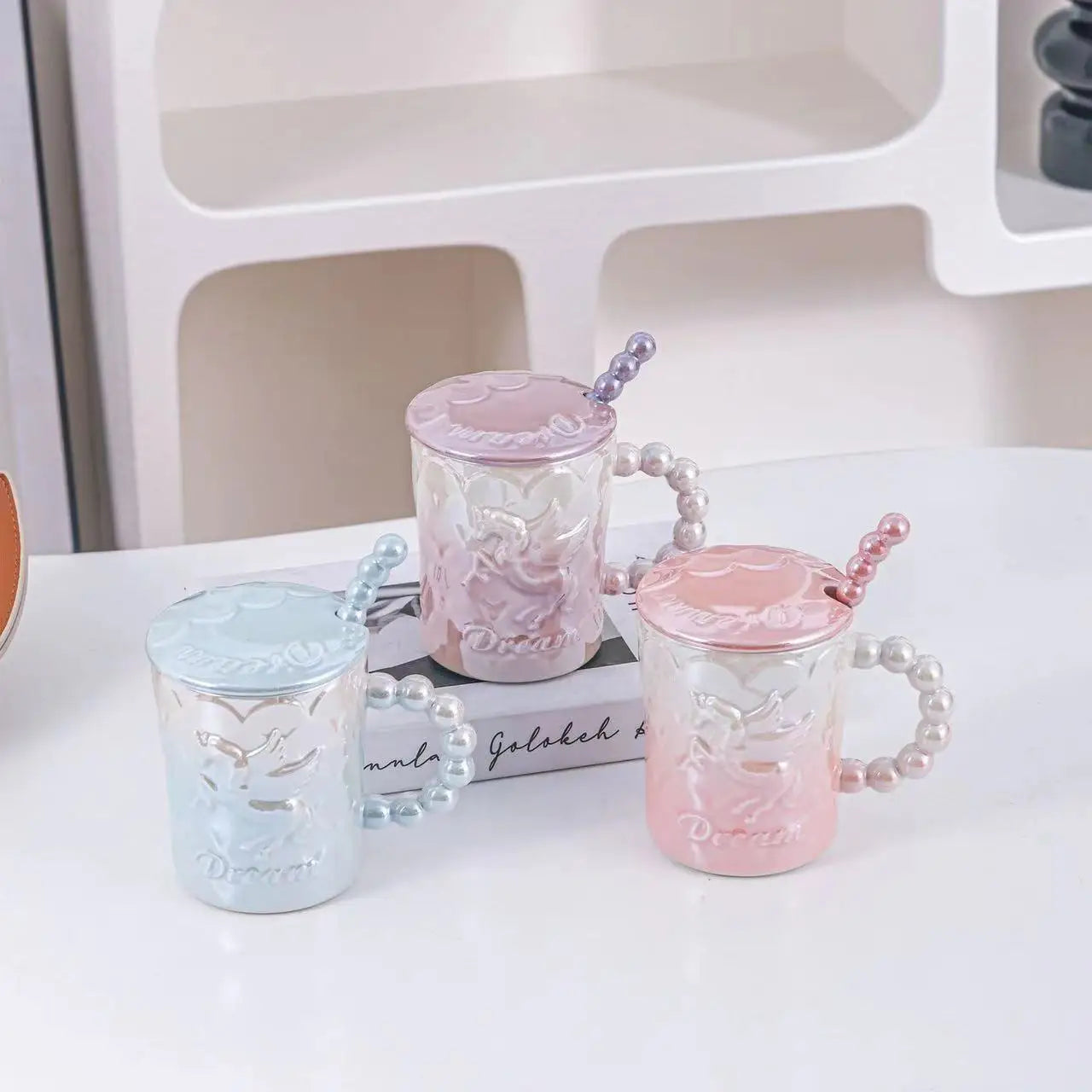 Pastel Ceramic Mugs With Lids And Pearls on Luulla