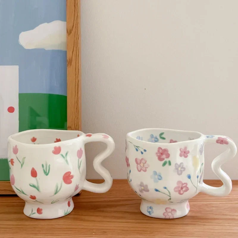 Handcrafted Ceramic Mugs With Floral Heart Handles on Luulla