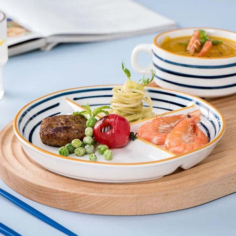 Ceramic Striped Divided Plate For Portion Control on Luulla