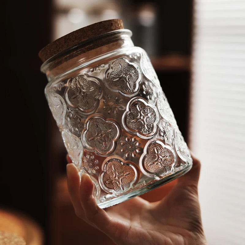 Embossed Glass Jar With Cork Lid on Luulla