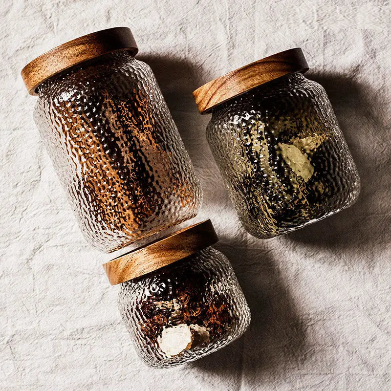 Textured Glass Jars With Wooden Hermetic Lids on Luulla