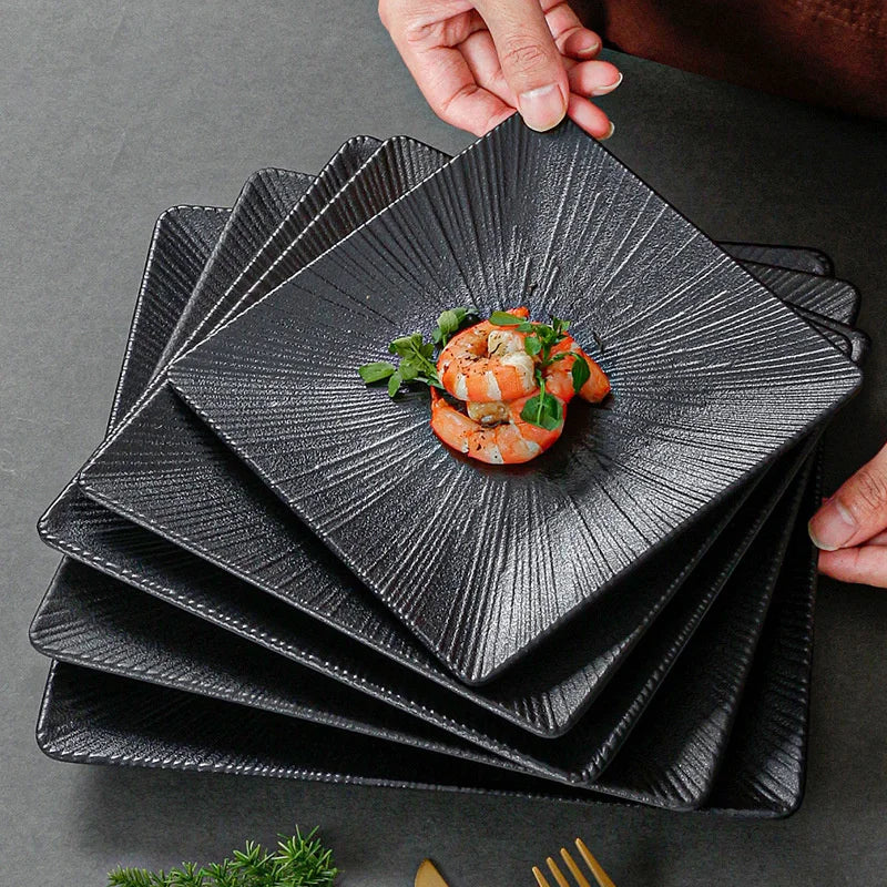 Black Textured Square Ceramic Dining Plates Collection on Luulla