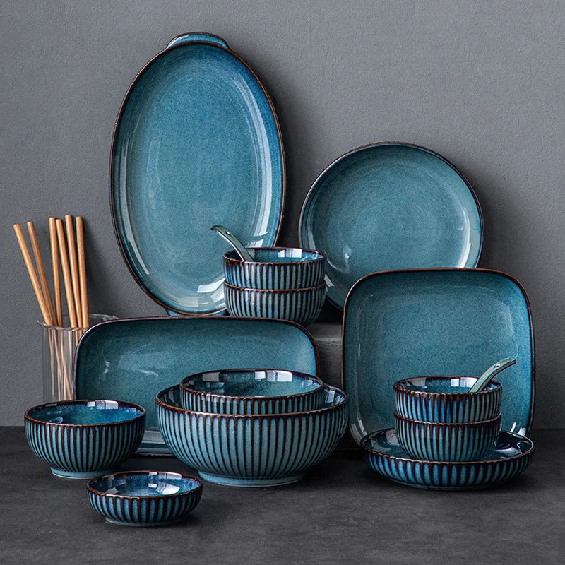 Blue Ceramic Dinnerware With Textured Rim Design on Luulla
