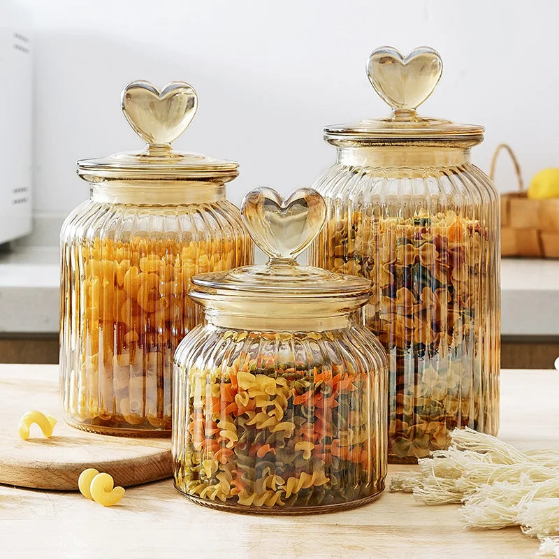 Heart Lid Ribbed Glass Pasta Storage Jars on Luulla