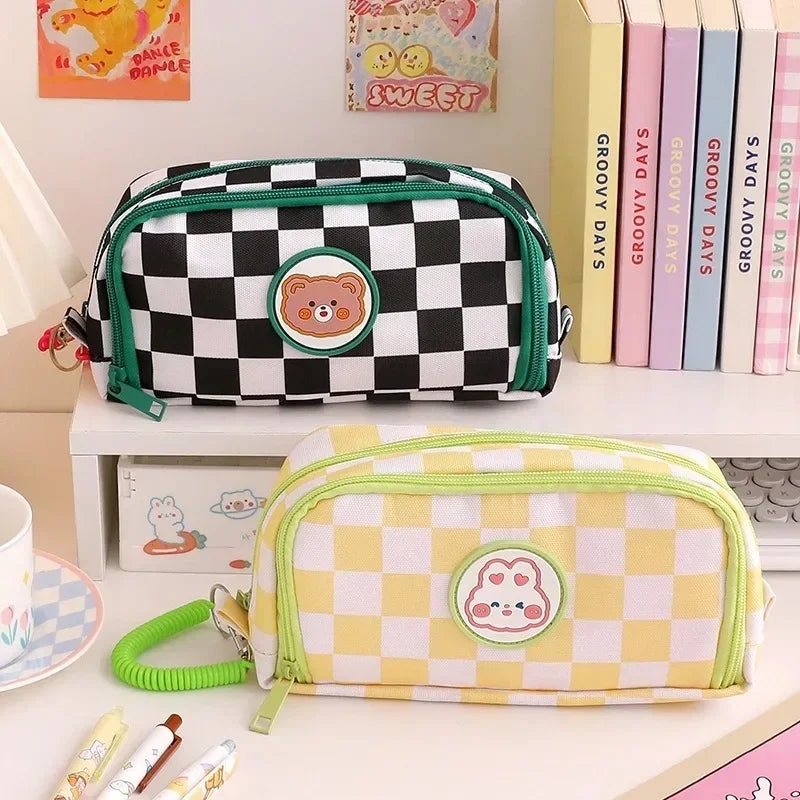 Double-zipper Checkered Plush Pencil Pouches Collection on Luulla