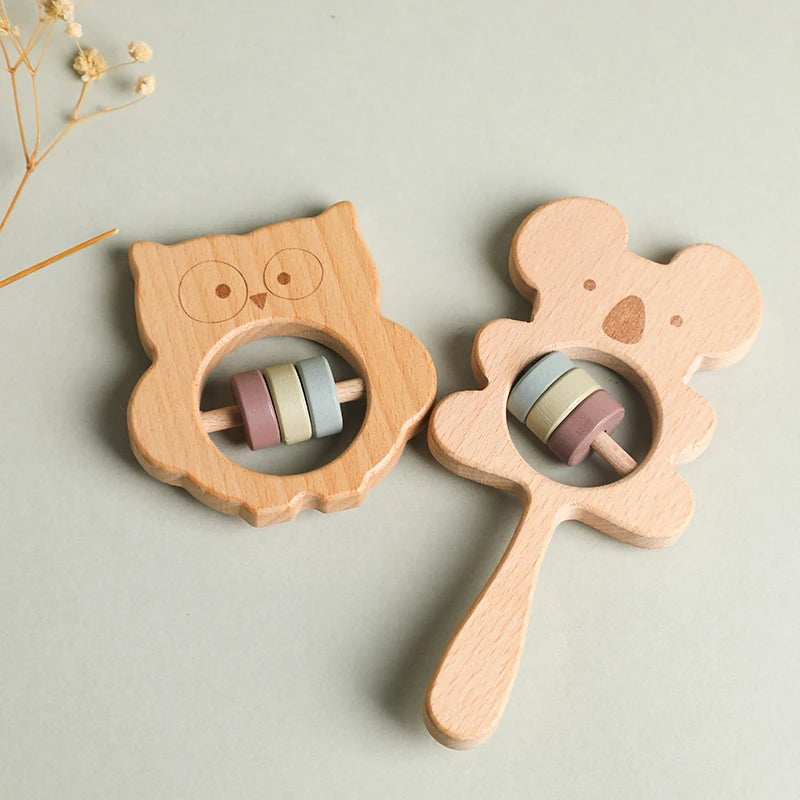 Wooden Animal Baby Rattles With Pastel Rings on Luulla