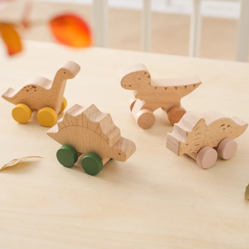 Wooden Dinosaur Toys With Colorful Rolling Wheels on Luulla